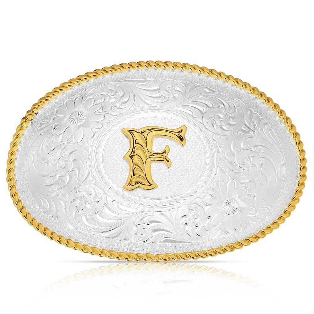 Initial F Silver Engraved Gold Trim Western Belt Buckle | Montana ...