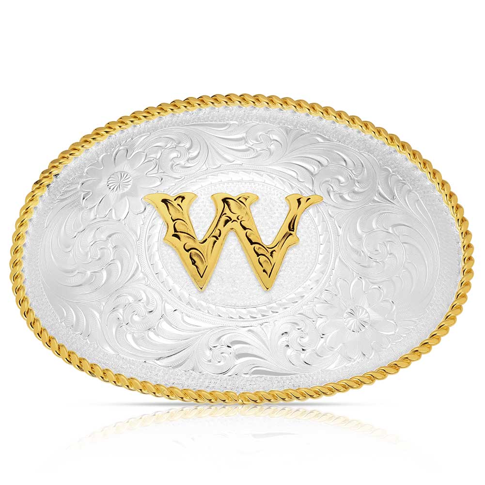 Initial W Silver Engraved Gold Trim Western Belt Buckle | Montana ...
